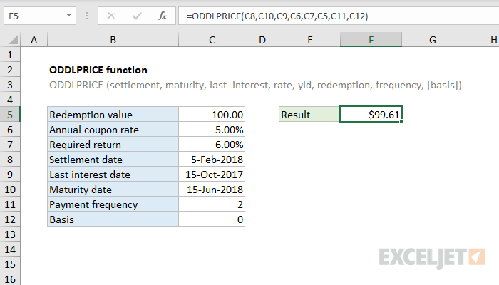 Excel ODDLPRICE function | Exceljet